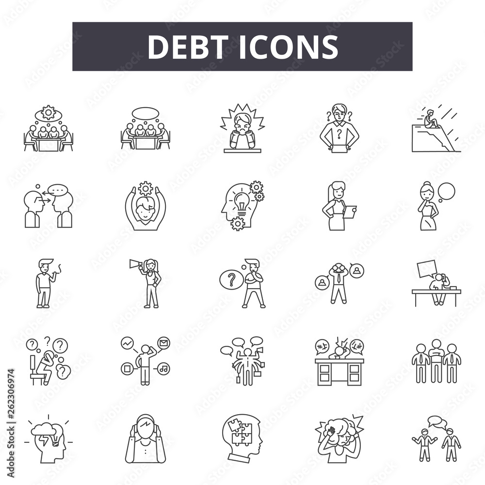 Debt line icons, signs set, vector. Debt outline concept illustration ...