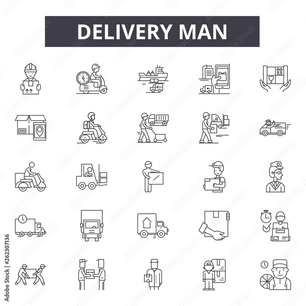 Delivery man line icons, signs set, vector. Delivery man outline ...