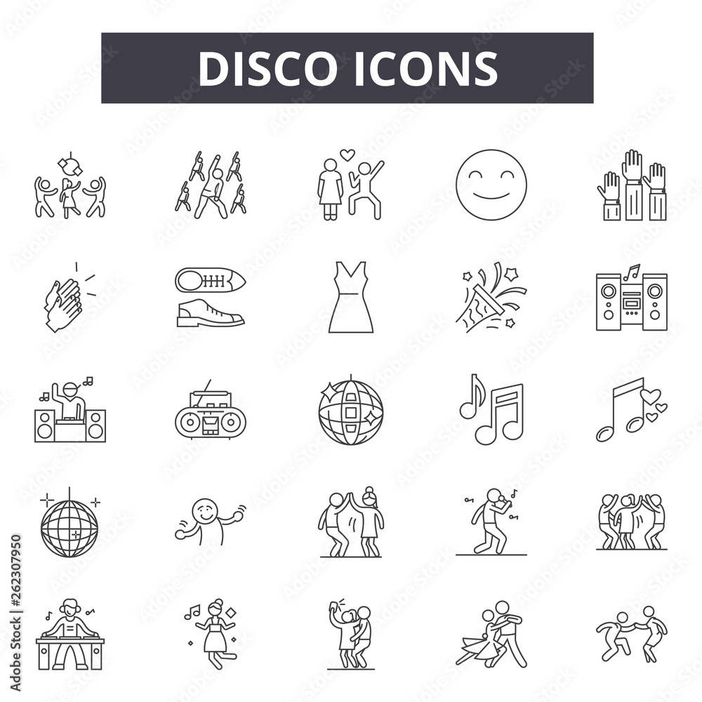 Disco line icons, signs set, vector. Disco outline concept illustration ...
