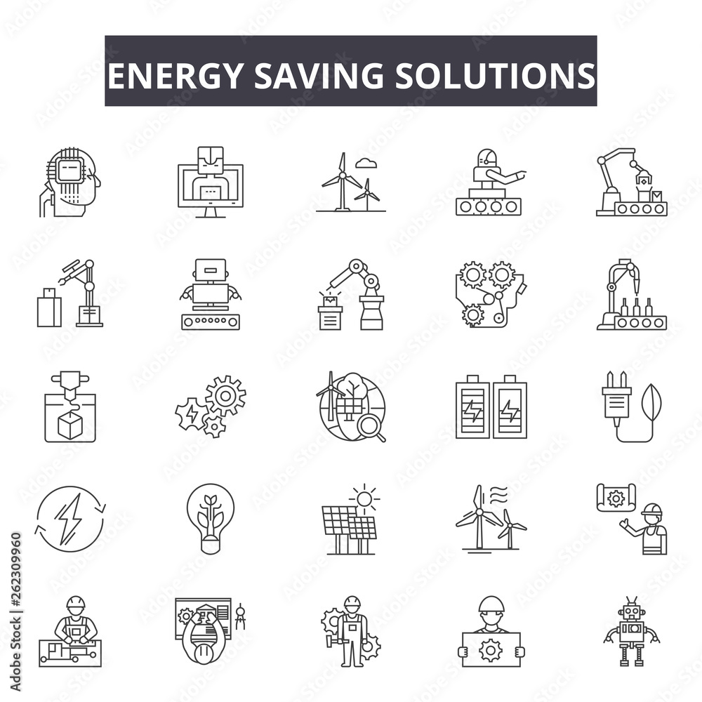 Energy saving solutions line icons, signs set, vector. Energy saving ...