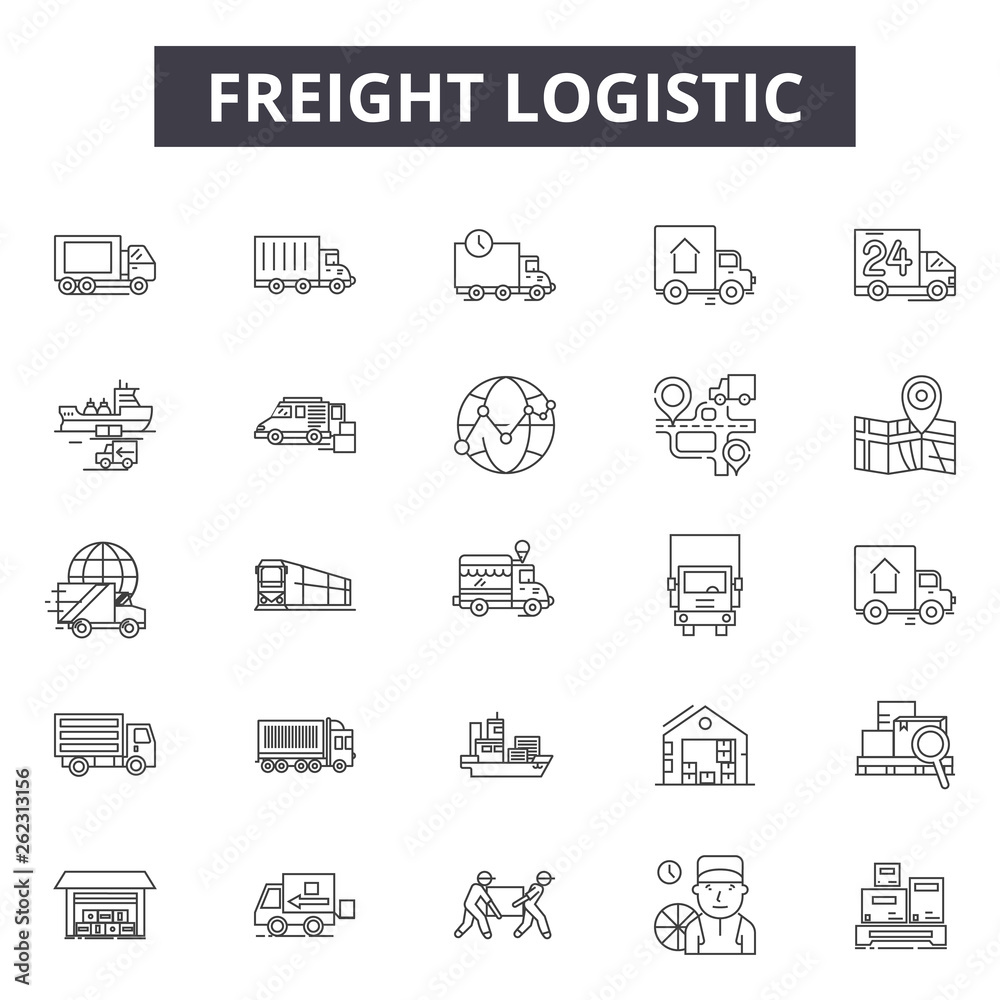 Freight logistic line icons, signs set, vector. Freight logistic ...