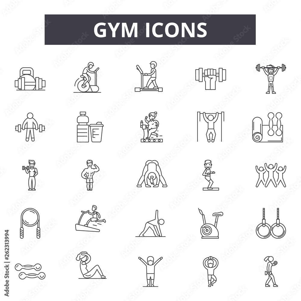 Gym line icons, signs set, vector. Gym outline concept illustration: gym,fitness,weight,muscle ...