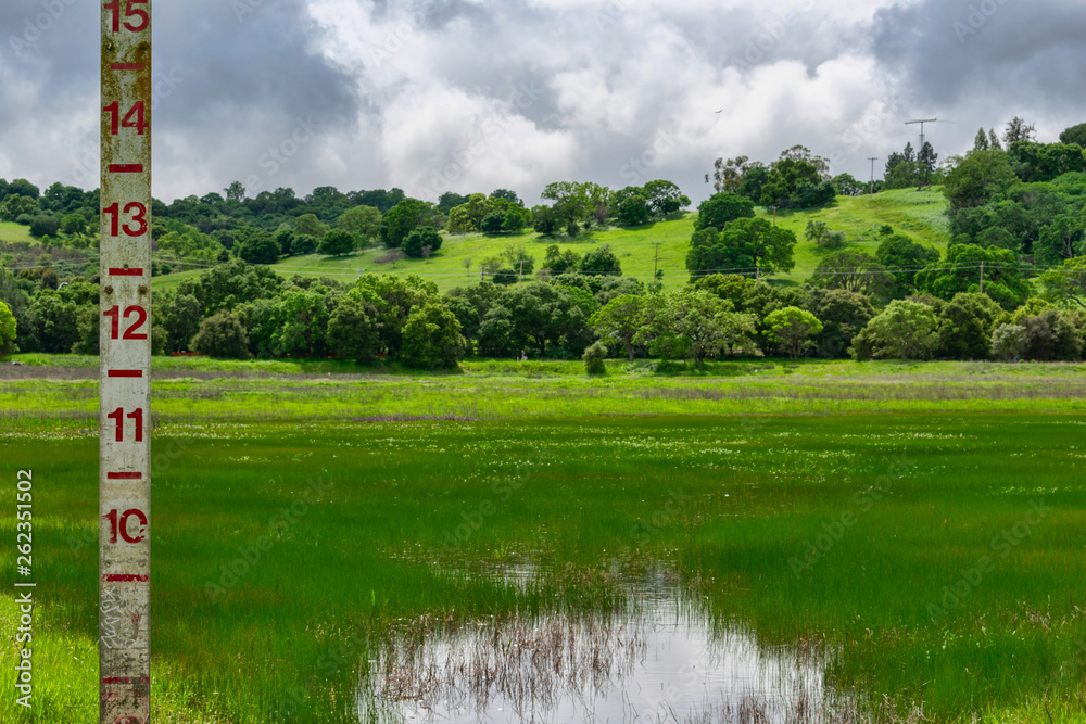 Water level gauge indicator monitor the flood water in dam, lake on ...
