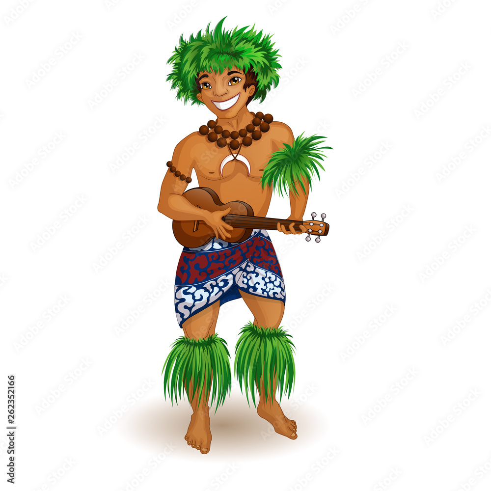 A man in Hawaiian clothes with a ukulele in his hands. Holidays in the ...