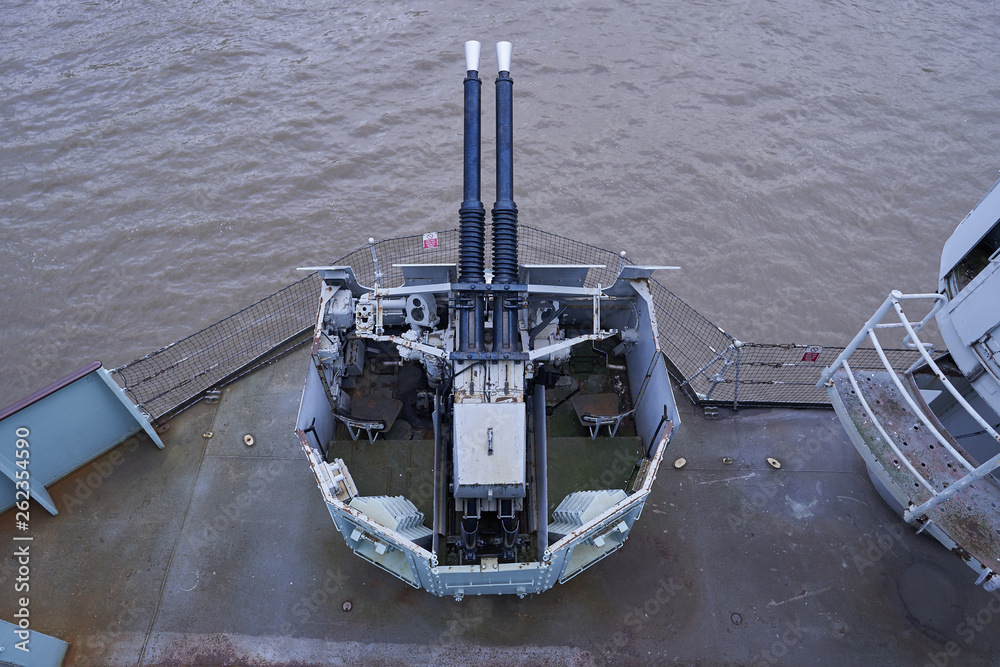 Top view on anti aircraft twin gun Bofors on the battle deck of ...