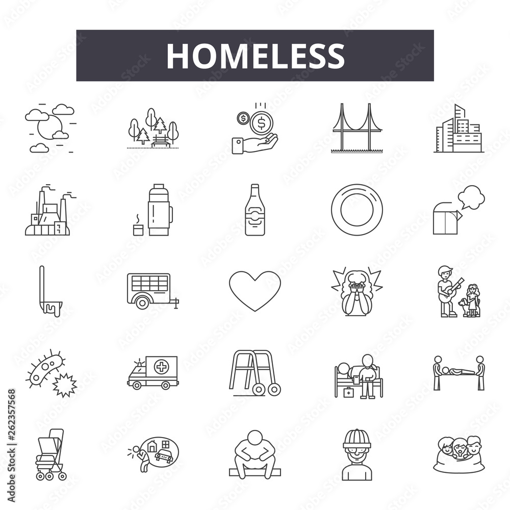 Homeless line icons, signs set, vector. Homeless outline concept ...