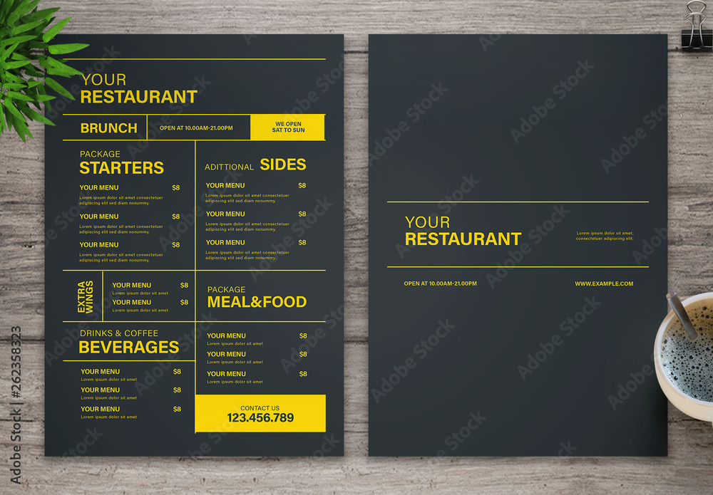 Restaurant Menu Layout with Black and Yellow Accents Stock Template ...