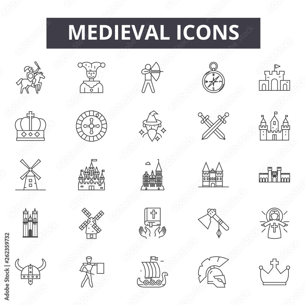 Medieval line icons, signs set, vector. Medieval outline concept ...
