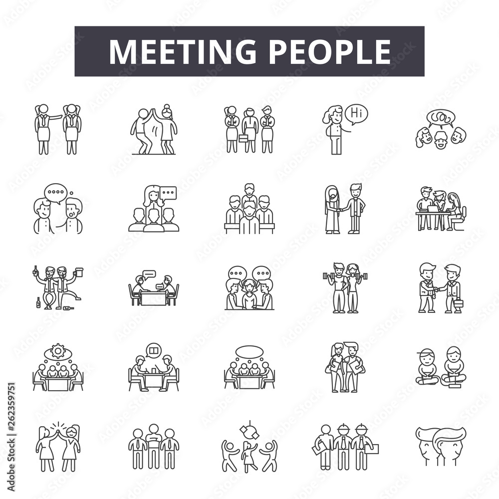 Meeting people line icons, signs set, vector. Meeting people outline ...