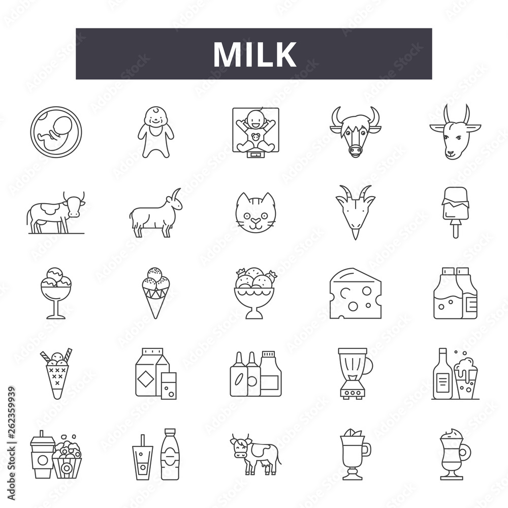 Milk line icons, signs set, vector. Milk outline concept illustration ...