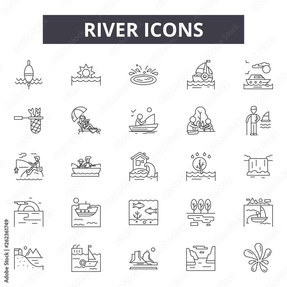 River line icons, signs set, vector. River outline concept illustration ...
