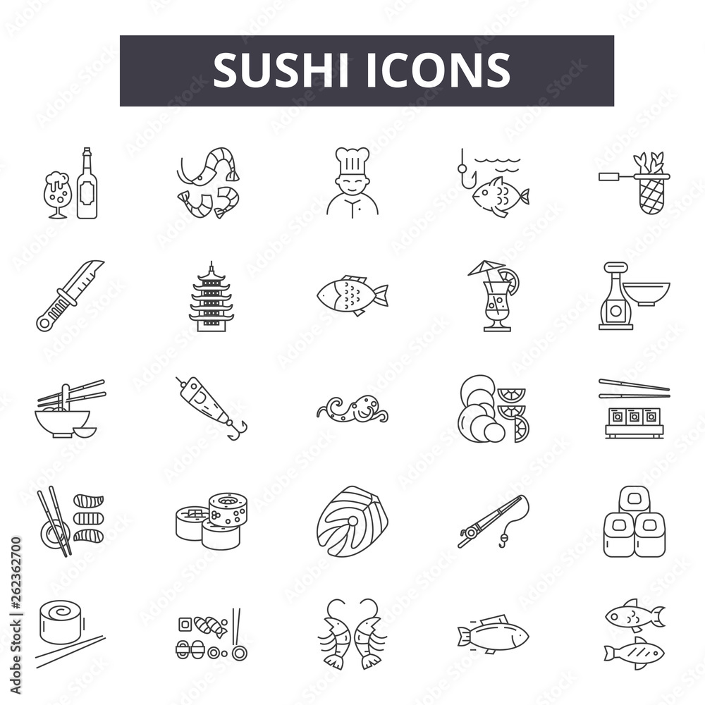 Sushi line icons, signs set, vector. Sushi outline concept illustration ...