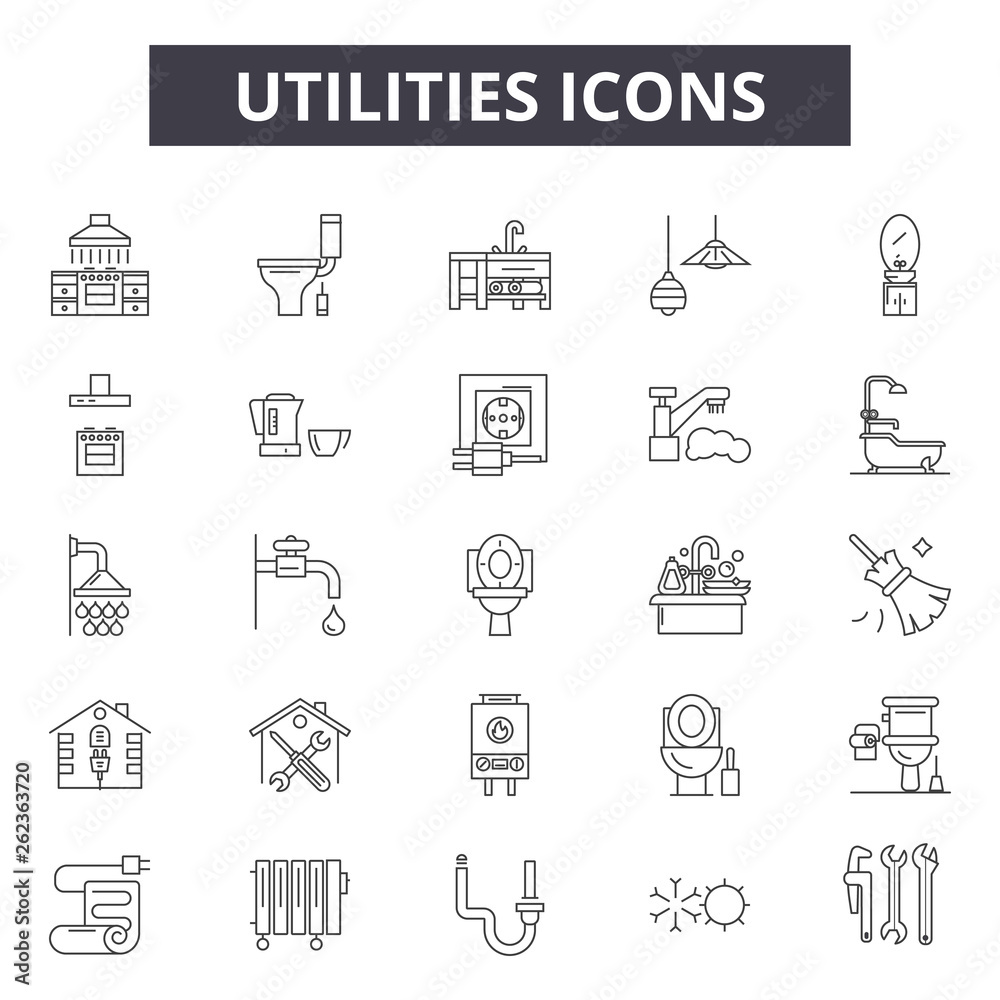 Utilities line icons, signs set, vector. Utilities outline concept ...
