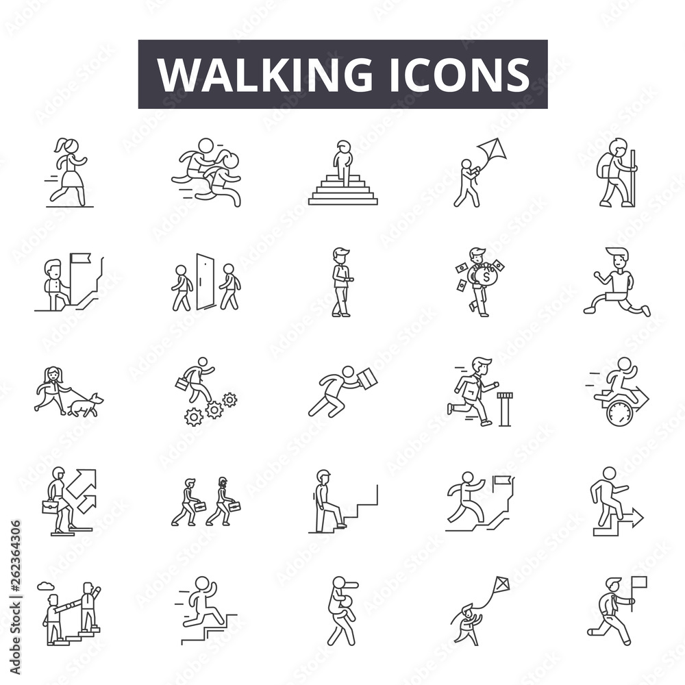 Walking line icons, signs set, vector. Walking outline concept ...