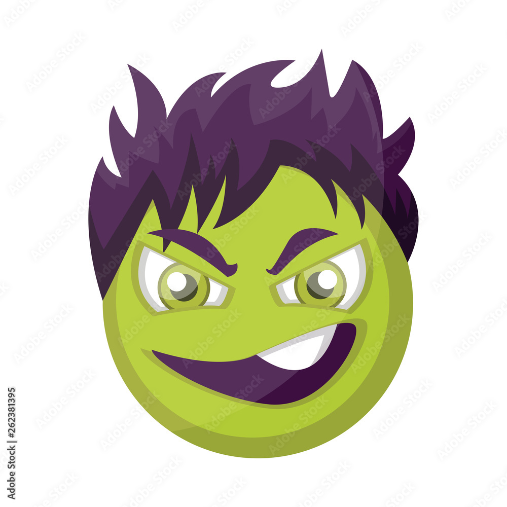 Evil green emoji face with purple hair vector illustration on a white ...