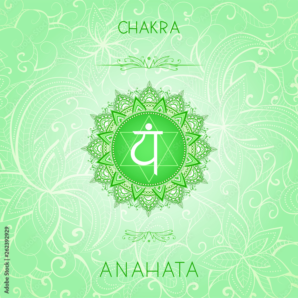 Vector illustration with symbol chakra Anahata on ornamental background ...