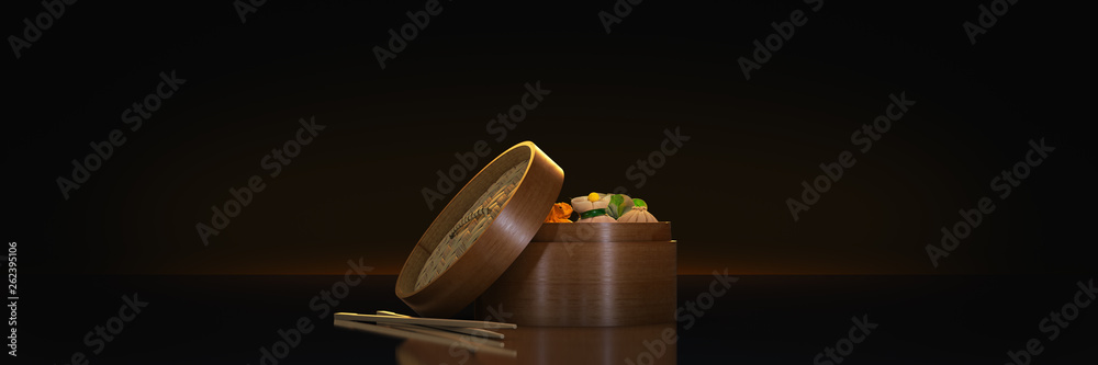 variety of dim sum in bamboo steam containers. 3d rendering Stock ...
