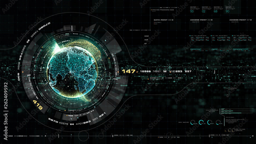 Futuristic motion graphic user interface head up display screen with Holographic Earth and ...