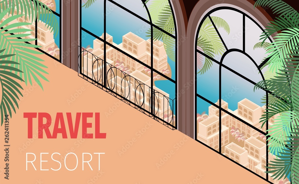 Resort Hotel Building Window with Beautiful View Stock Vector | Adobe Stock