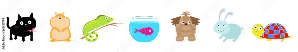 Pet set line. Cat, dog, fish aquarium, hamster, iguana, turtle, rabbit ...