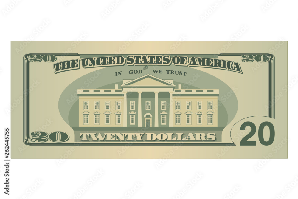Twenty dollars bill. 20 US dollars banknote, back side. Vector ...