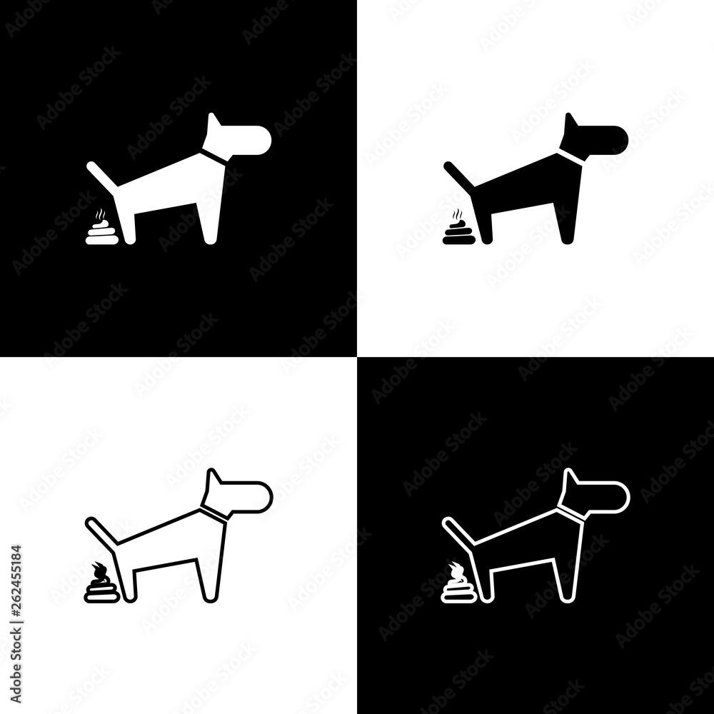 Set Dog pooping icons isolated on black and white background. Dog goes ...