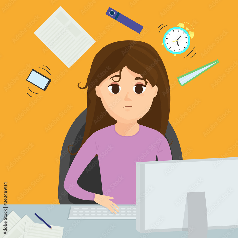Vector illustration with sad woman at work place, character in cartoon ...