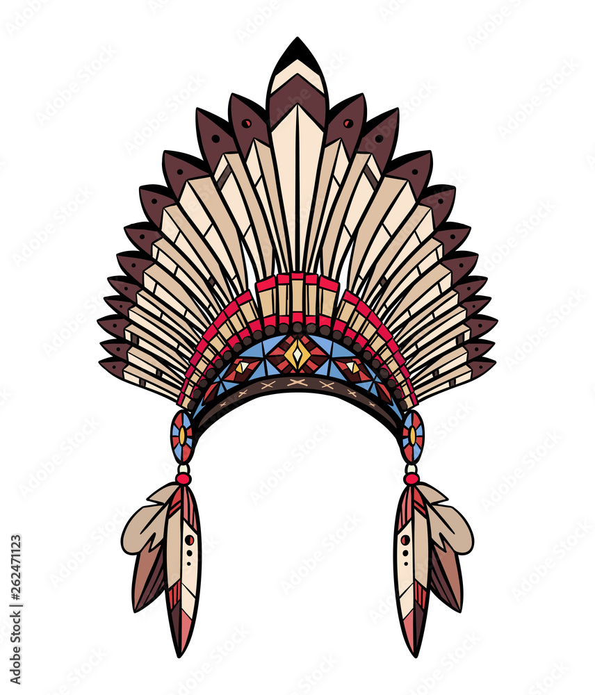 Coloring drawing of native cap of Indian with feathers and decorations ...
