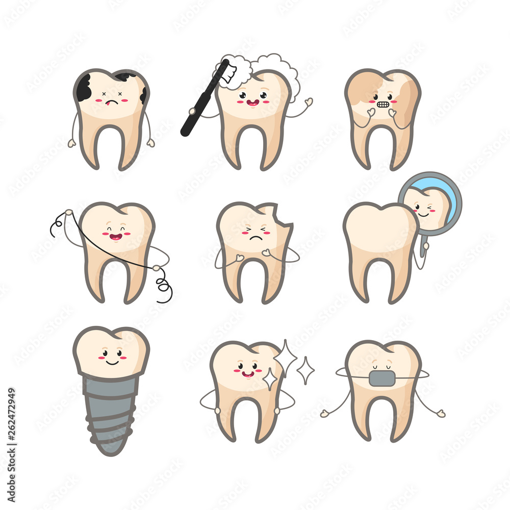 Happy Teeth Set Cute Tooth Characters Dental Personage Vector