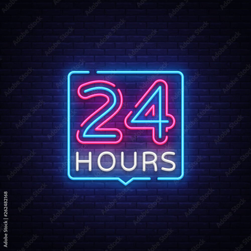 24 hours neon sign vector design template. 24 hours Open neon, light ...