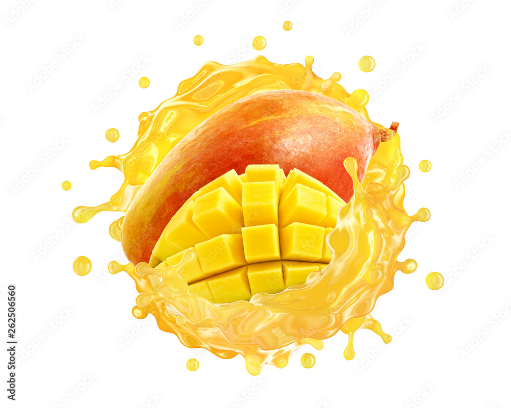 Fresh ripe mango, slice and mango juice splash swirl. Healthy food or ...