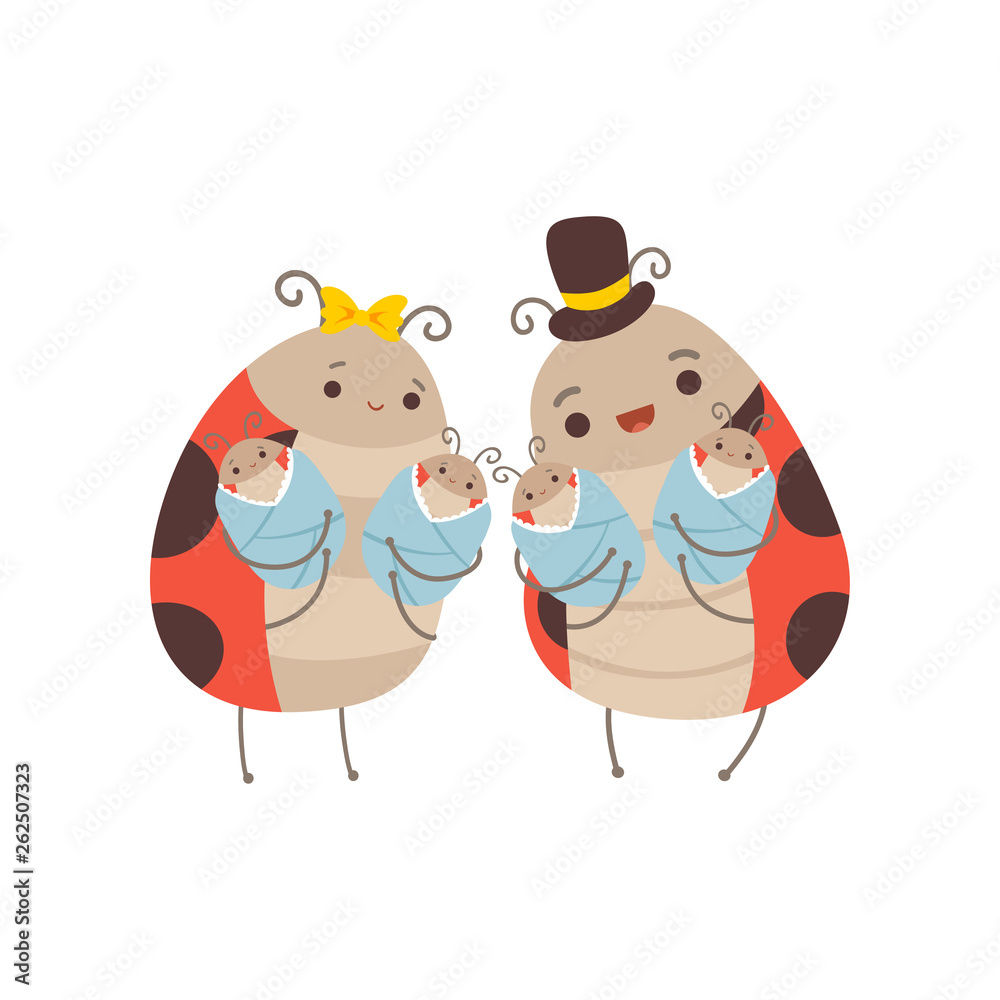 Happy Ladybug Family, Cheerful Mother and Father Ladybugs and Their ...
