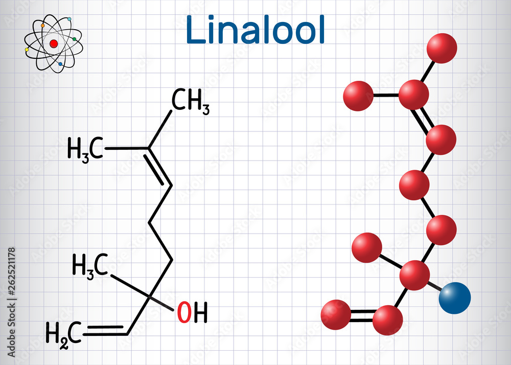 Linalool molecule. Structural chemical formula and molecule model ...