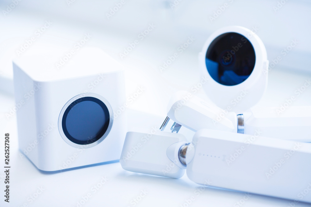 Wifi business concept. Wifi router, access points, mobile phone, laptop ...