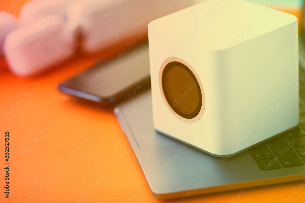 Wifi business concept. Wifi router, access points, mobile phone, laptop ...