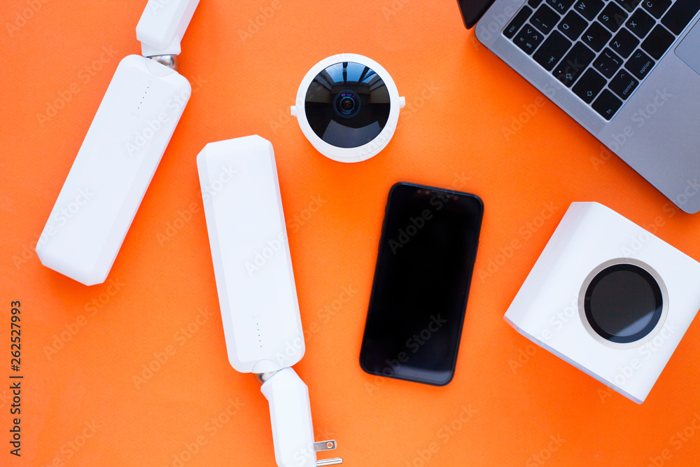 Wifi business concept. Wifi router, access points, mobile phone, laptop ...