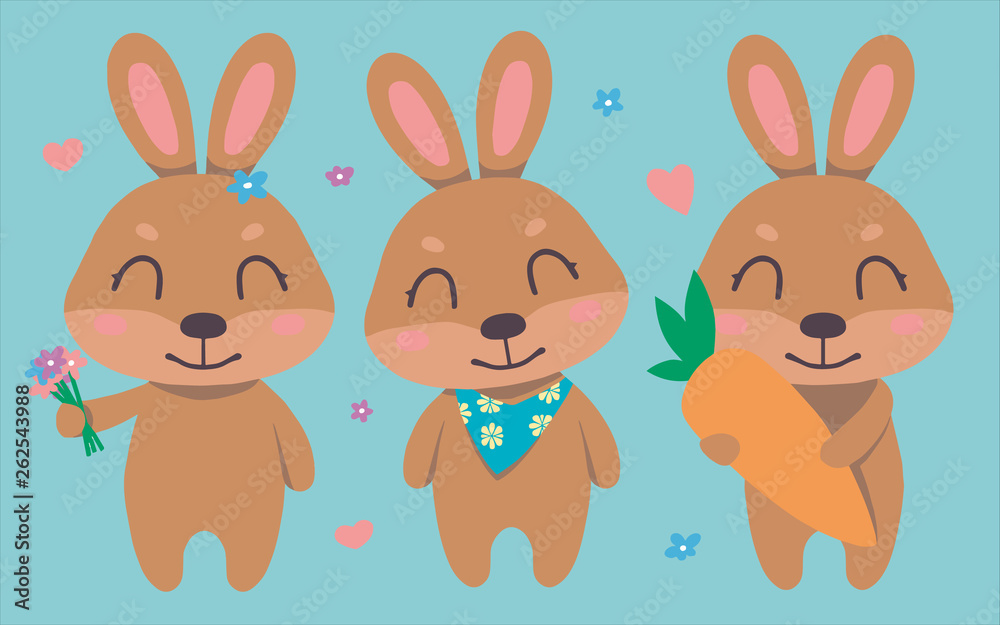 Cute cartoon brown smiling easter bunny vector collection set with ...