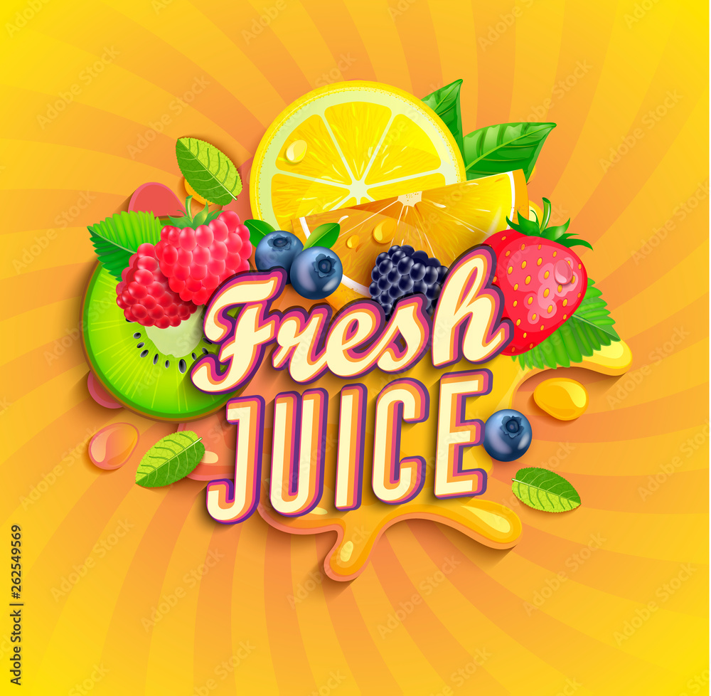 Fresh juice logo with splash, fruits and berries on sunburst background ...