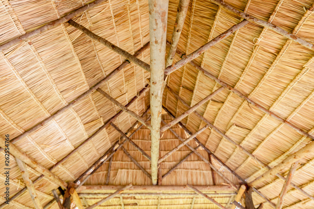 Bamboo roof frame. Wooden roof under construction. Bamboo ceiling ...