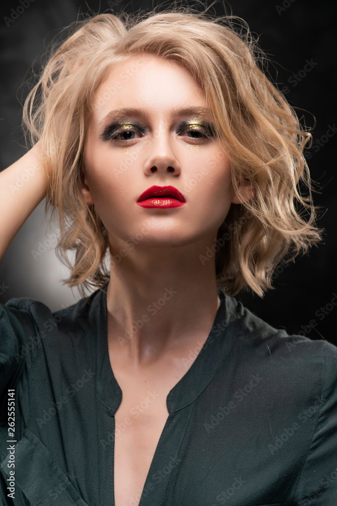Beautiful Young Braless Slim Blonde Girl With Disheveled Hair And