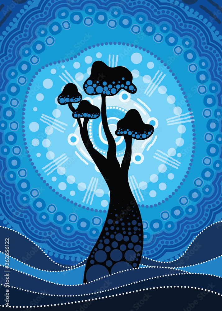 Tree on the hill, Aboriginal tree, Aboriginal art vector painting with ...
