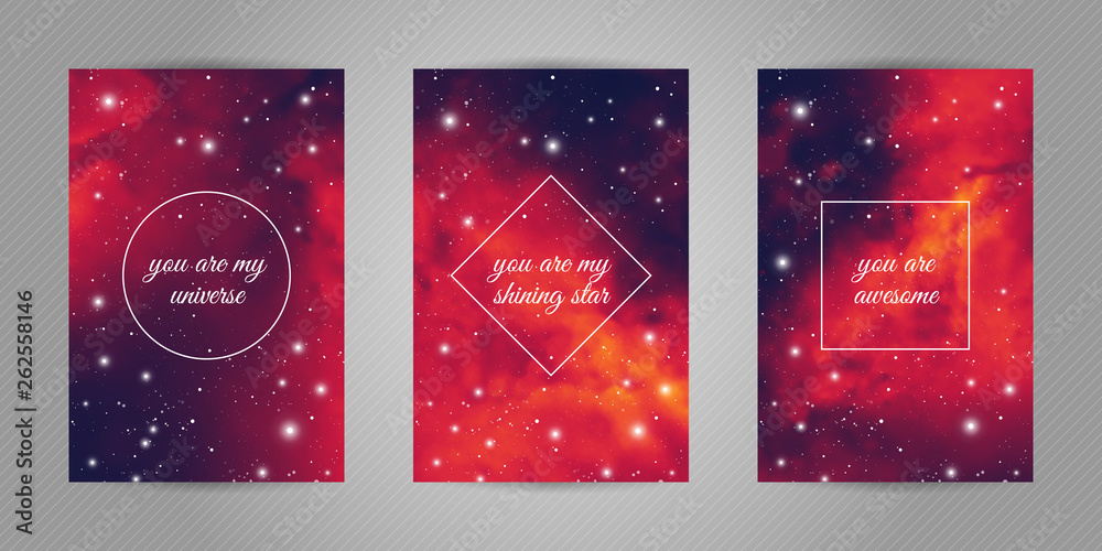 Set of romantic postcards for beloved with space and stars background ...