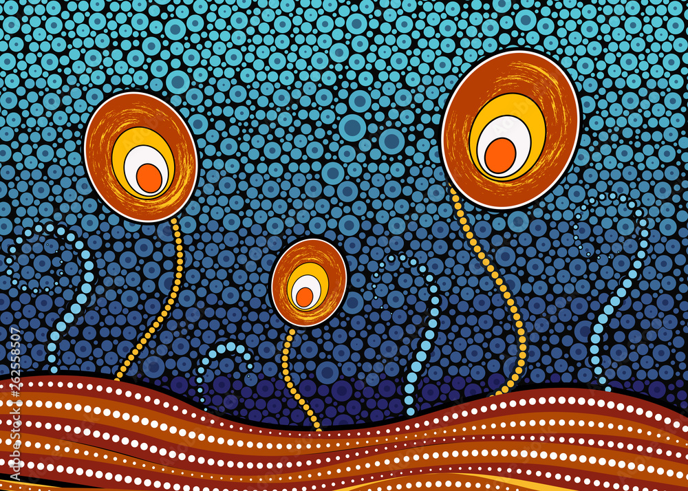 Tree on the hill, Aboriginal tree, Aboriginal art vector painting with ...