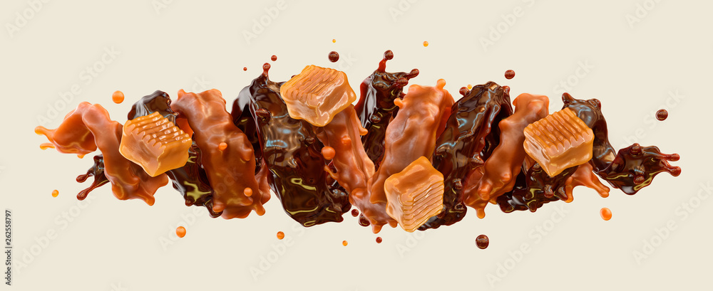 Liquid dark chocolate, sweet caramel sauce swirls splashes twisted and ...