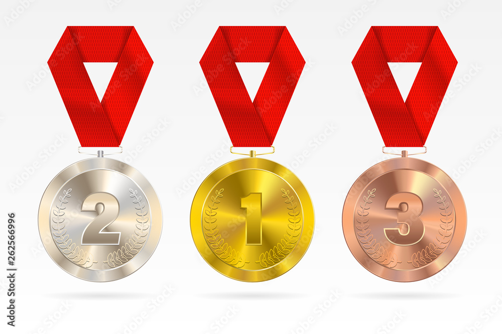 Sports medals kit. Golden silver bronze medal with red ribbon. Champion ...