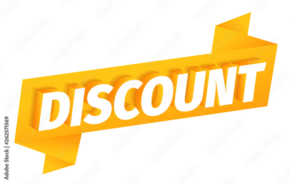 Discount ribbon word. 3d letters on a orange golden background ...