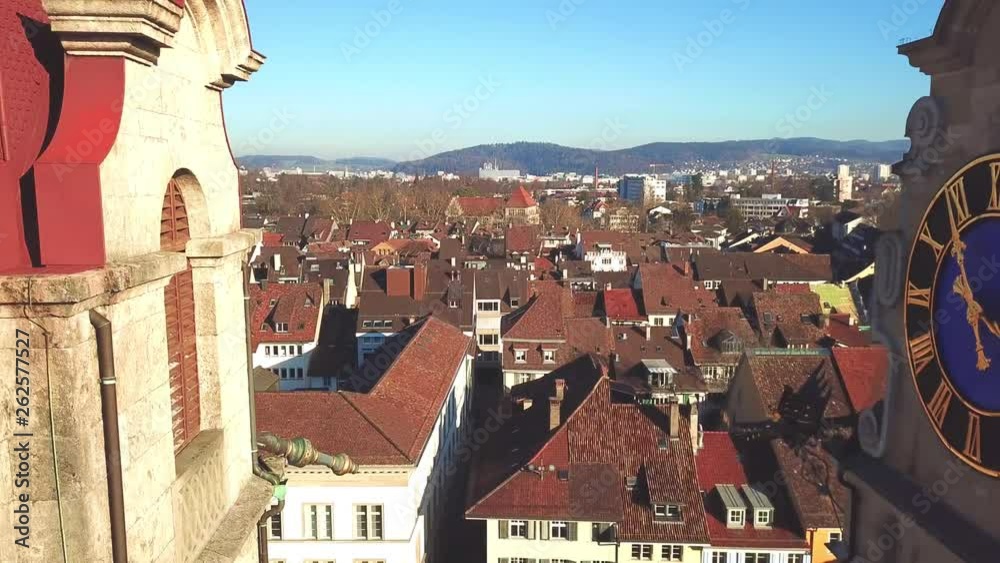 Drone flight with aerial view above church in old town of Winterthur in ...