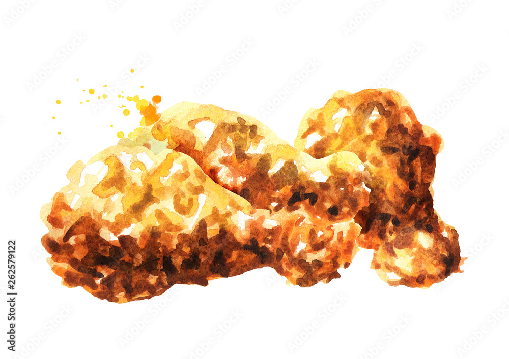 Crispy fried chicken. Watercolor hand drawn illustration, isolated on ...