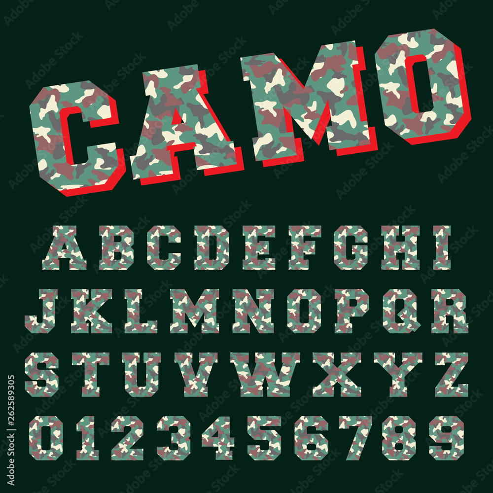 Camo alphabet font template. Letters and numbers army camouflage design ...