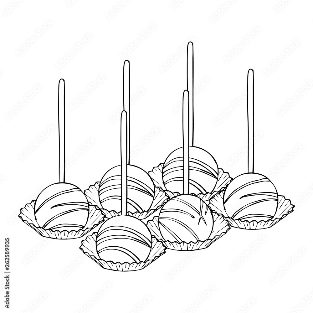Sweet cake pops on stick with sprinkles isolated on white background. Hand drawn vector ...